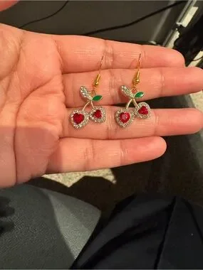 Jewelry | Red Heart Cherry Drop Earrings With Green Leaf Accents | Poshmark
